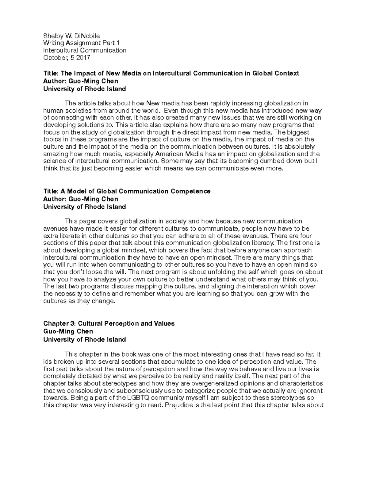 Intercultural Com. Assignment Part 1 - Shelby W. DiNobile Writing ...