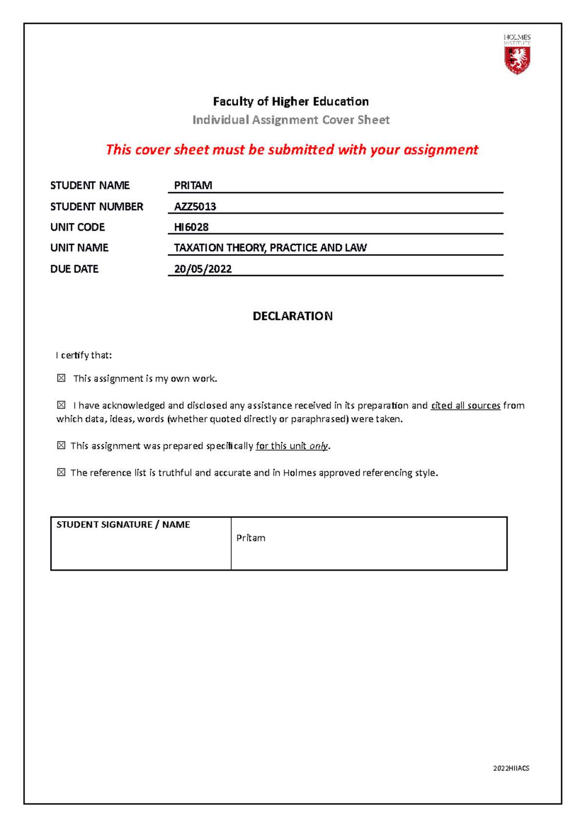 HI6028 azz5013 - N/A - Faculty of Higher Education Individual ...