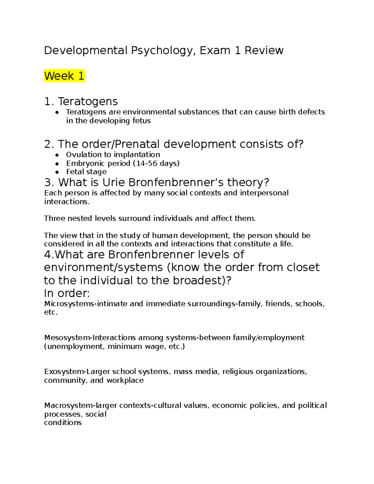 Exam 1spring 2017 student review - Developmental Psychology, Exam 1 ...
