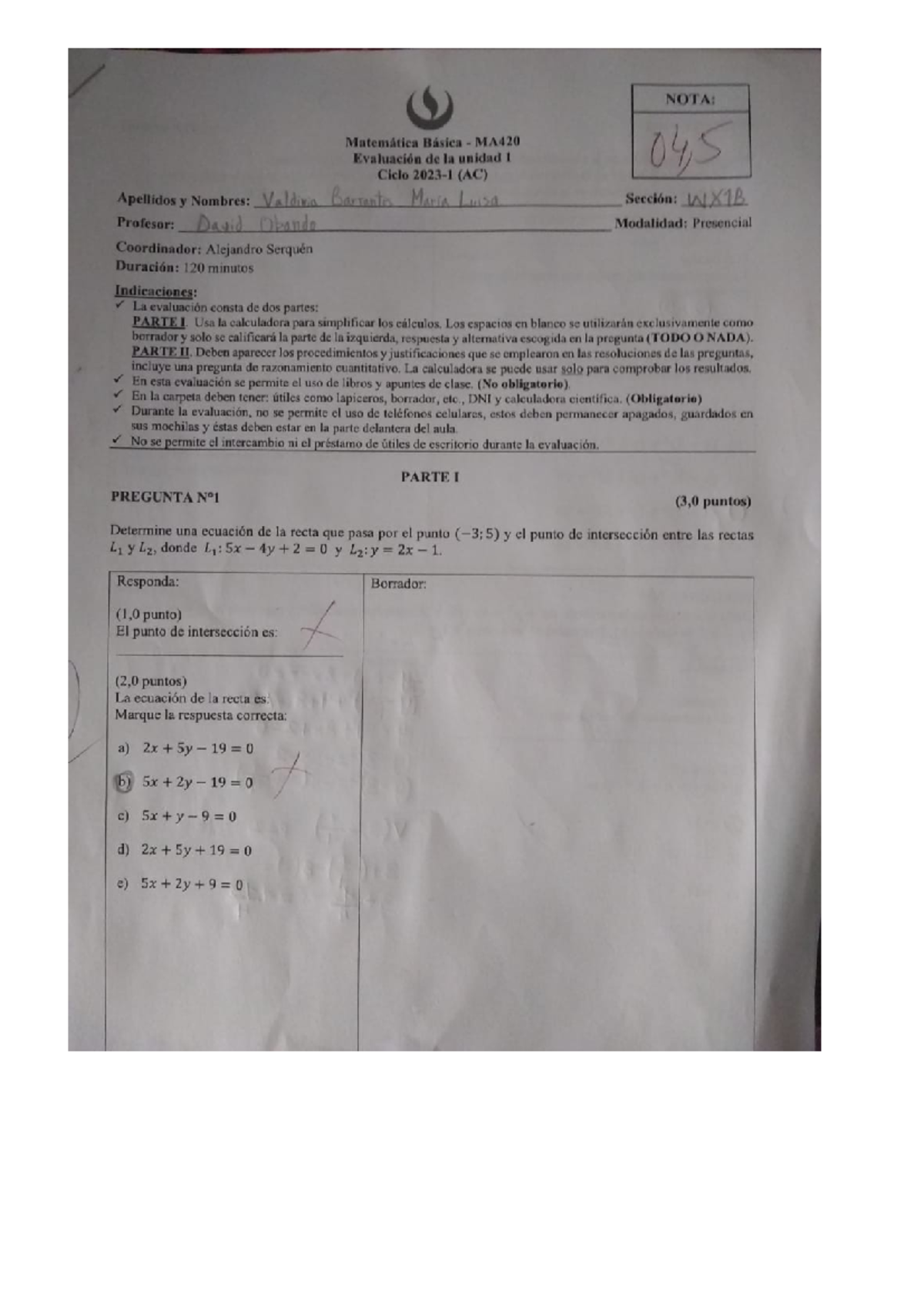 EU 1 2023 I - evaluación EU 1 - NOTA: Matematica Básica MA420 Evaluación de la unidad 1 04,5 ...