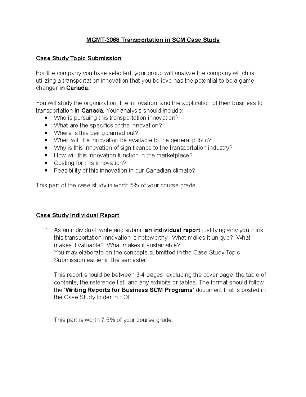 MGMT-3068 Transportation in SCM Case Study -Updated - MGMT-3068 ...