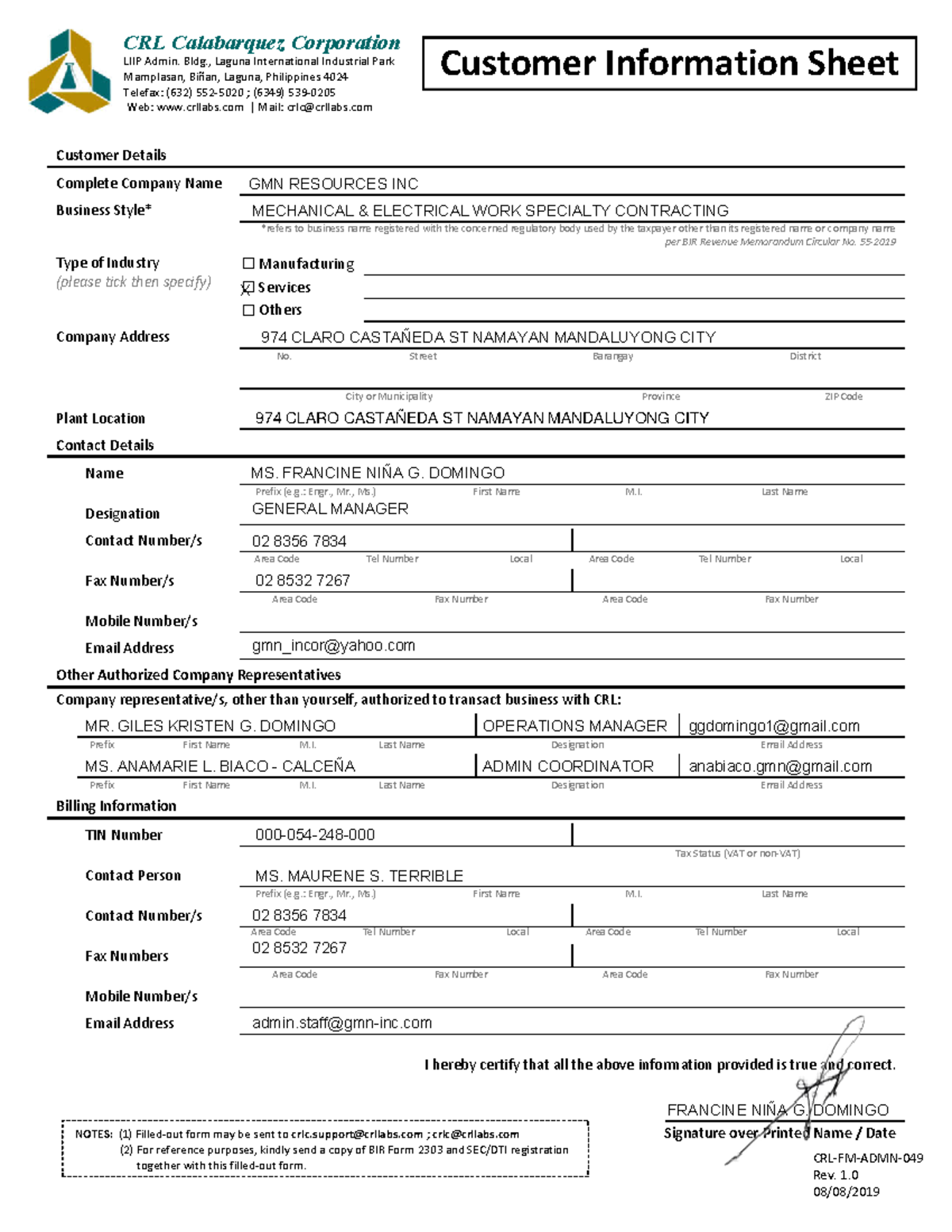 Customer Information Sheet (CRL-FM-ADMN-049) r1 - CRL-FM-ADMN- Rev. 1 ...