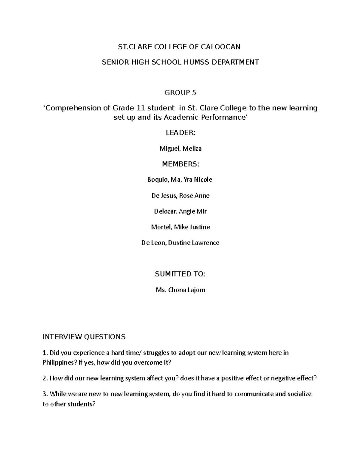 Interview-question - hyy - ST COLLEGE OF CALOOCAN SENIOR HIGH SCHOOL ...