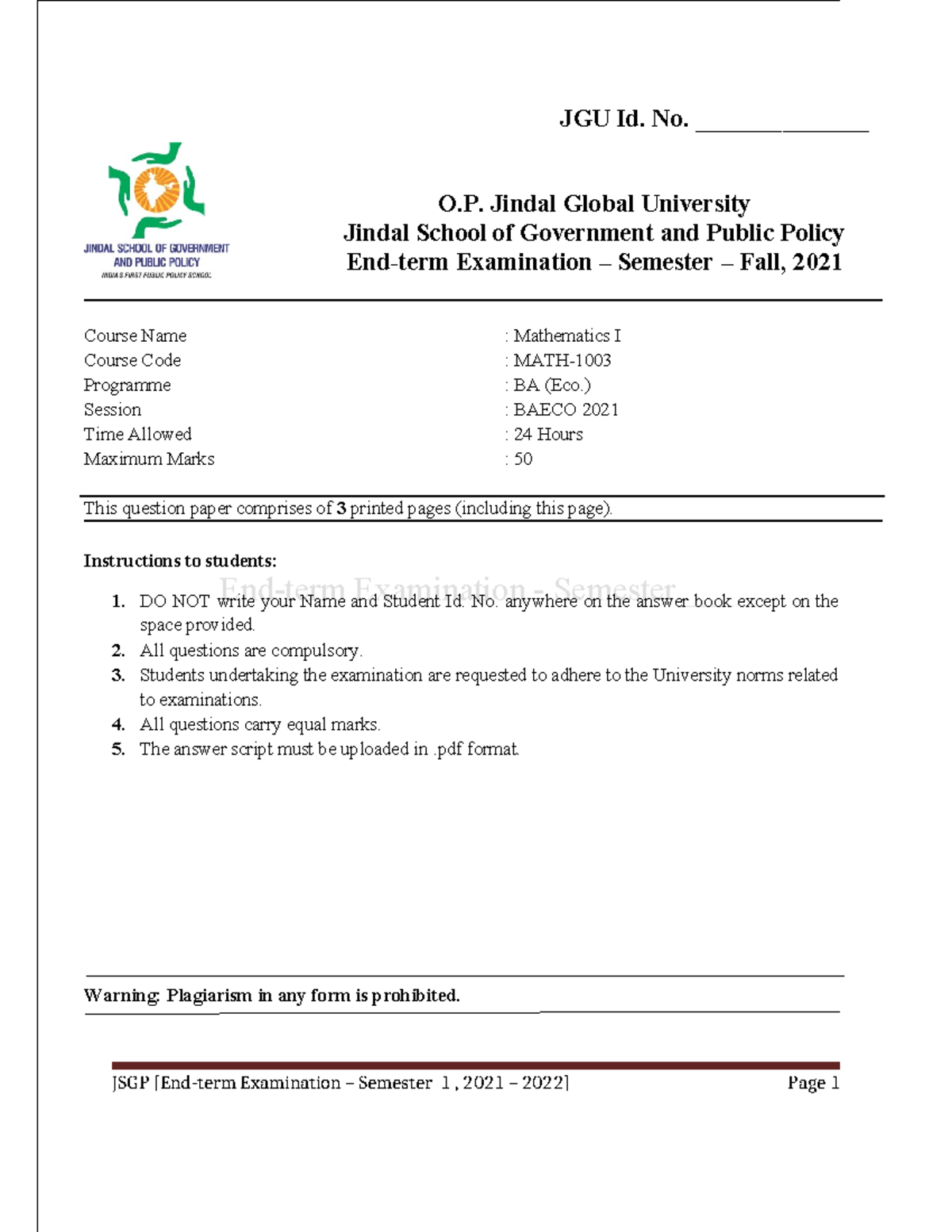 Mathematics 1 2 - Maths assigment - End-term Examination - Semester ...
