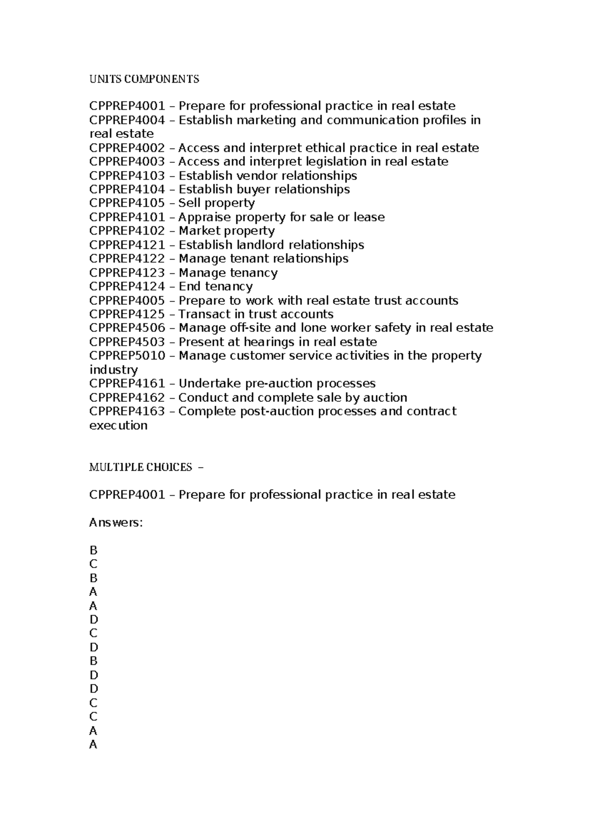 Real estate answers - N/A - UNITS COMPONENTS CPPREP4001 – Prepare for professional practice in ...