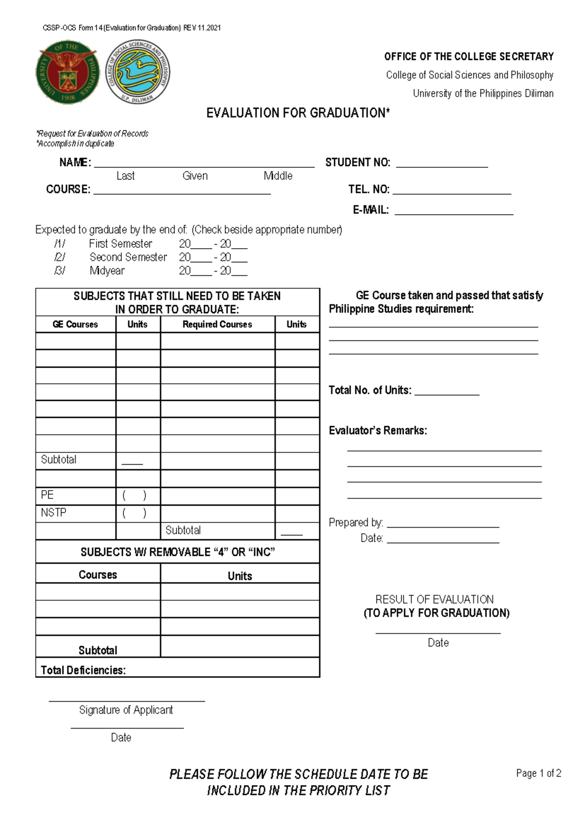 Revised OCS Form 14 Evaluation FOR Graduation - Page 1 of 2 EVALUATION ...