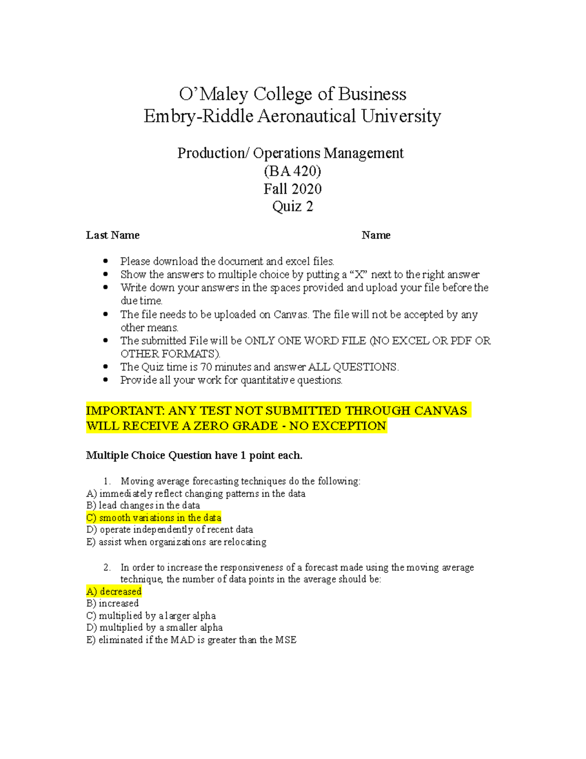 QUIZ TWO - quiz 2 - O’Maley College of Business Embry-Riddle ...
