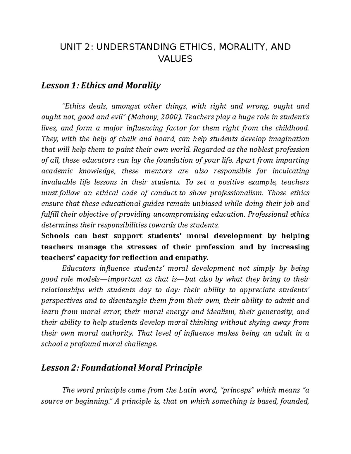 UNIT 2 ethics - Lecture notes 1 - UNIT 2: UNDERSTANDING ETHICS ...