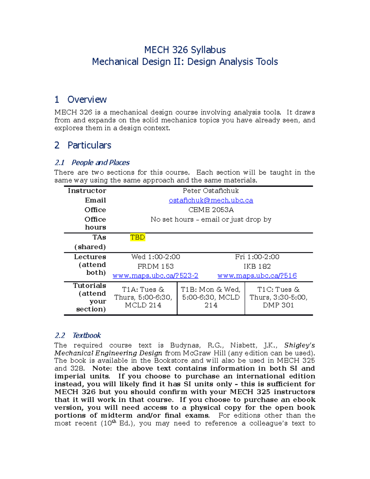 MECH-326-2016 - Syllabus of the course - MECH 326 Syllabus Mechanical ...