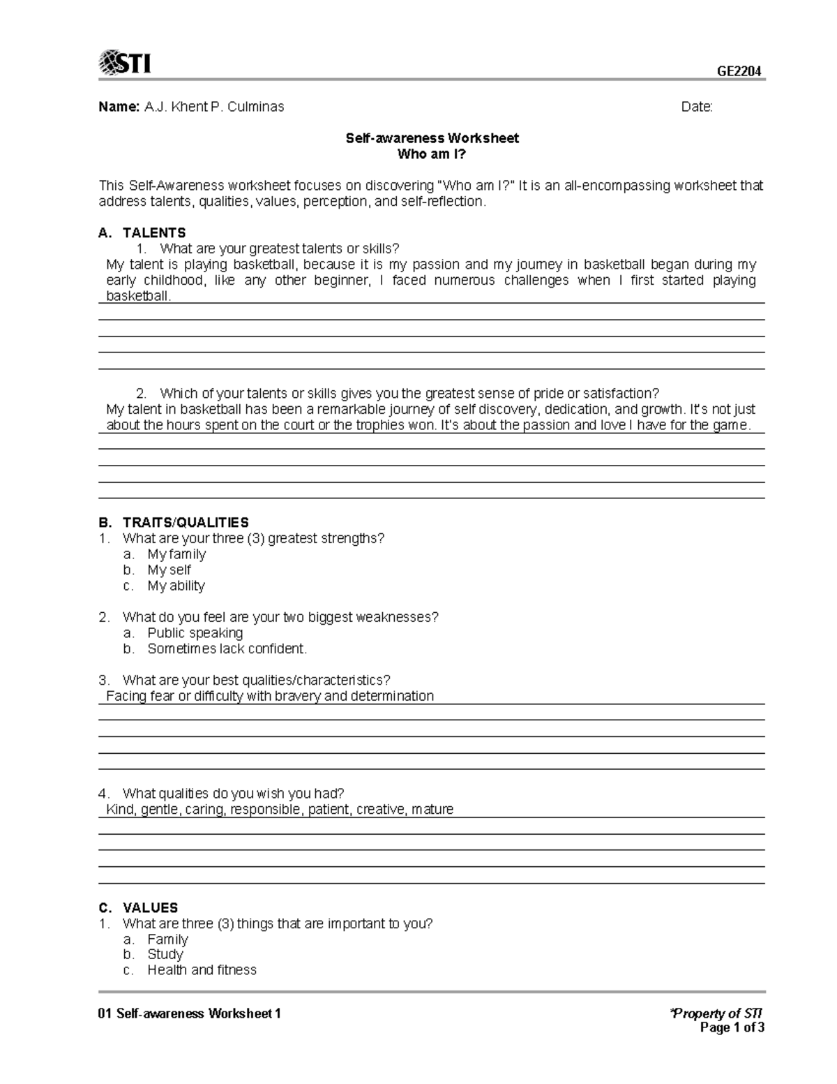 01 Self-awareness Worksheet 1 - GE Name: A. Khent P. Culminas Date ...