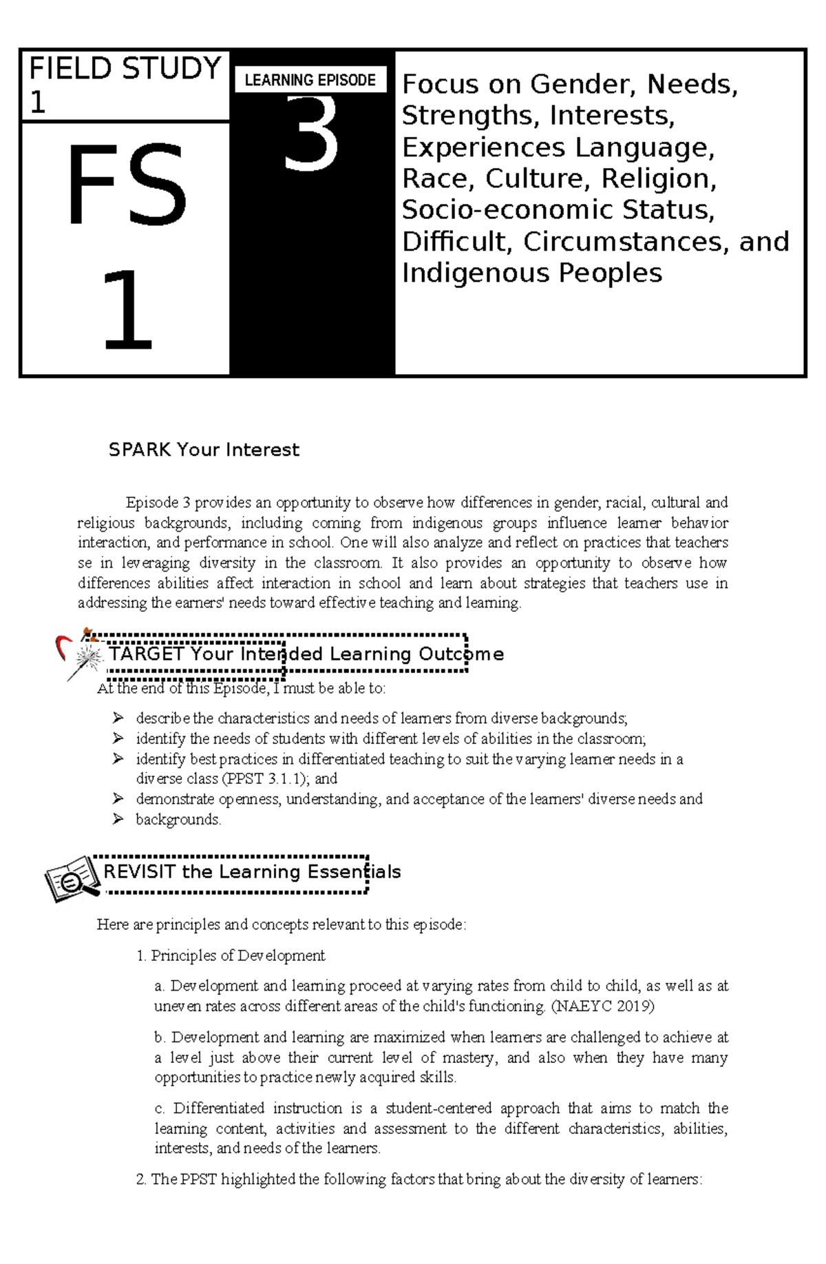 Learning- Episode-3 - Free - FIELD STUDY 1 3 Focus on Gender, Needs ...