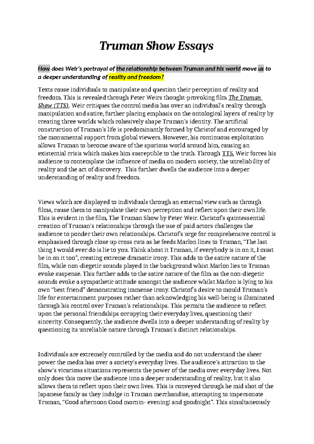 Truman Show Essays - Truman Show Essays How does Weir’s portrayal of ...