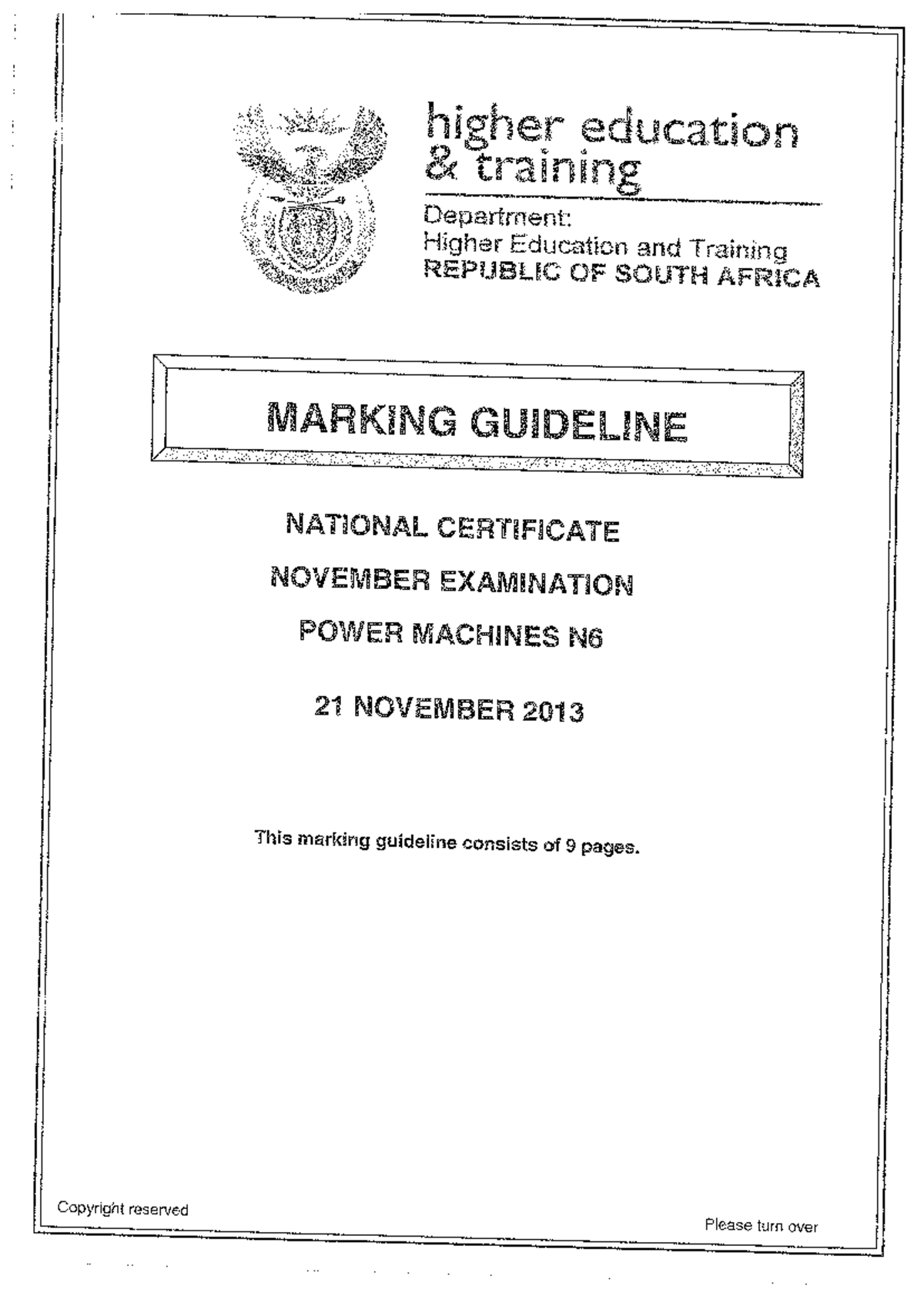 N6 Power Machines November 2013 Marking Guideline - PMN6 - Studocu