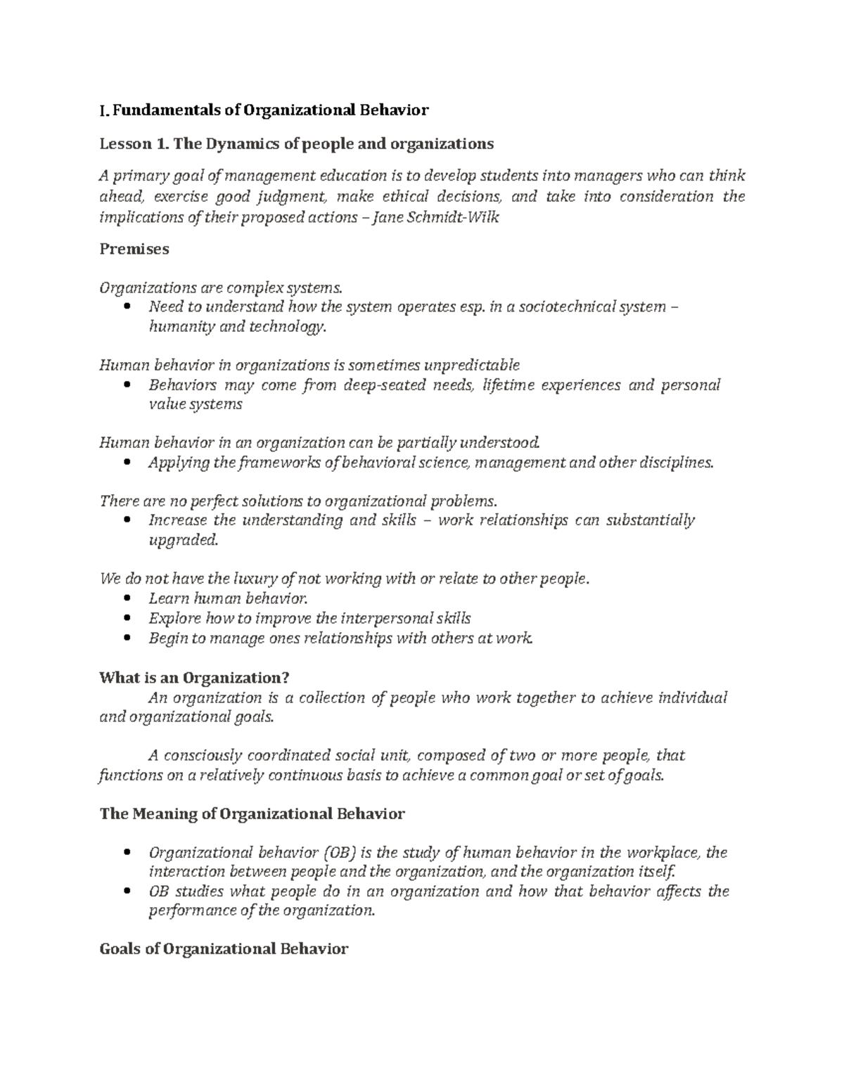 Dynamics - test - I. Fundamentals of Organizational Behavior Lesson 1 ...