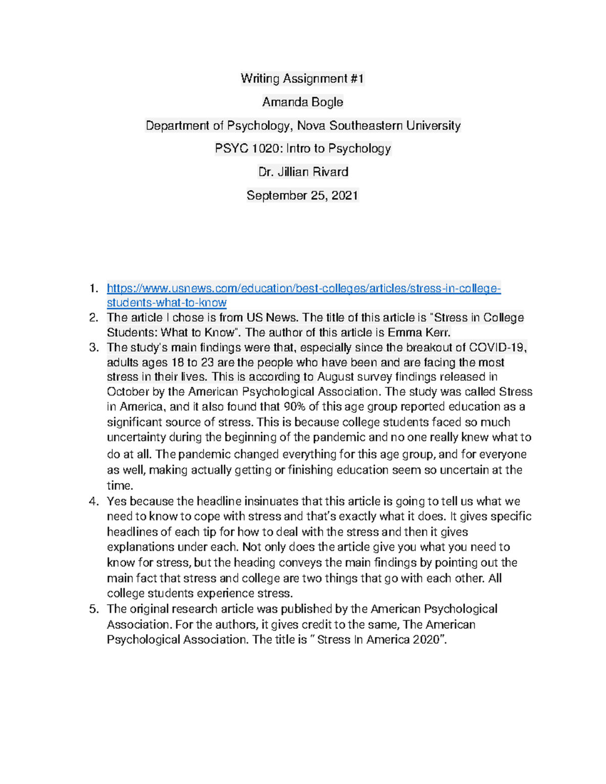 Writing Assignment ^N1 psych end of year assignment - Writing ...