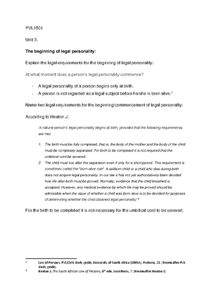 PVL1501, Unit 1 Notes - Summary Law of Persons - PVL Unit 1 What is the ...