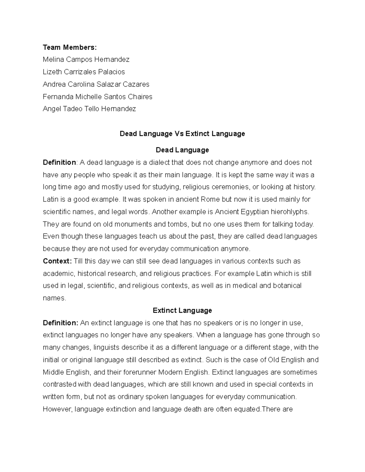 Dead Language Vs Extinct Language Team Members Melina Campos