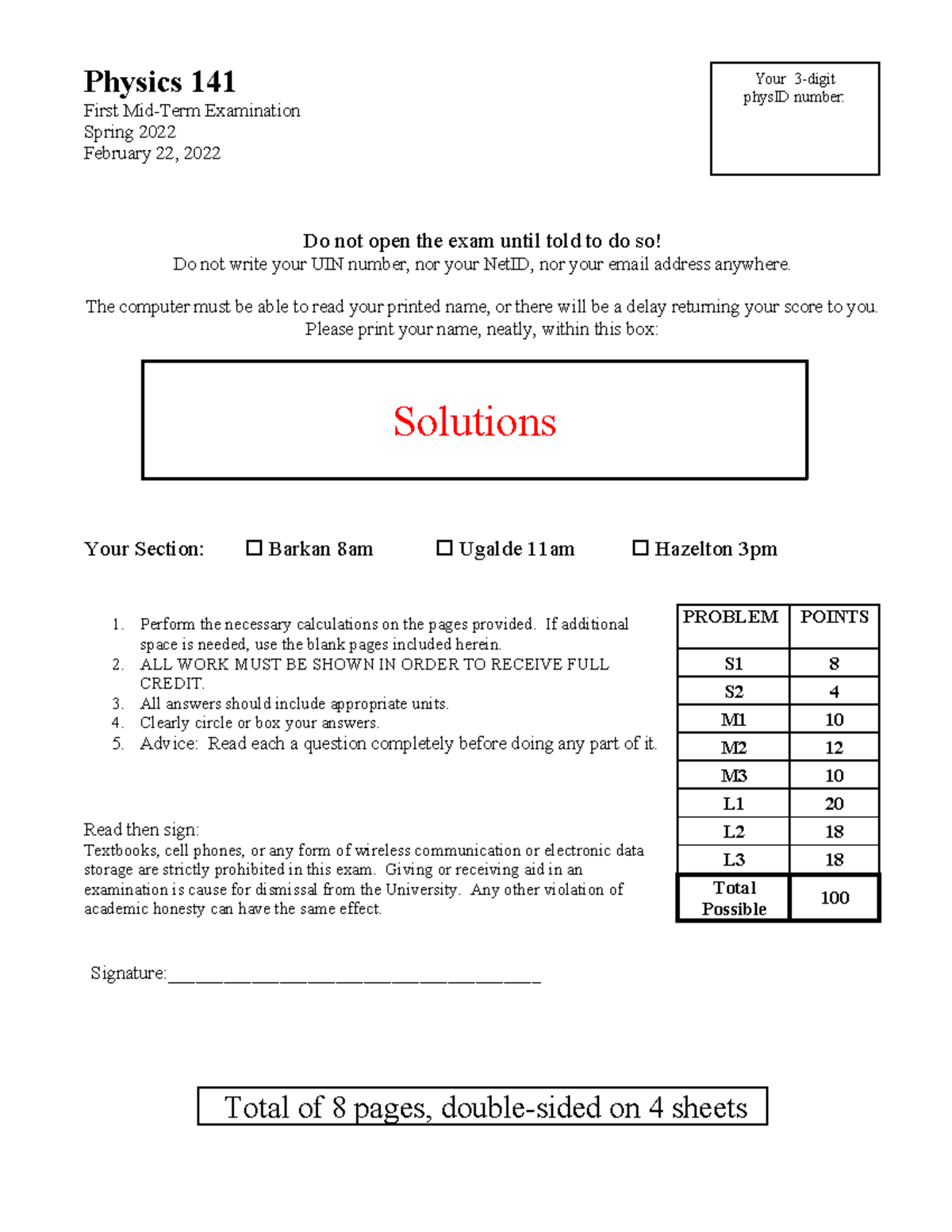 PHYS 141 Midterm 1 Spring 2022 Solutions - Solutions Physics 141 First ...