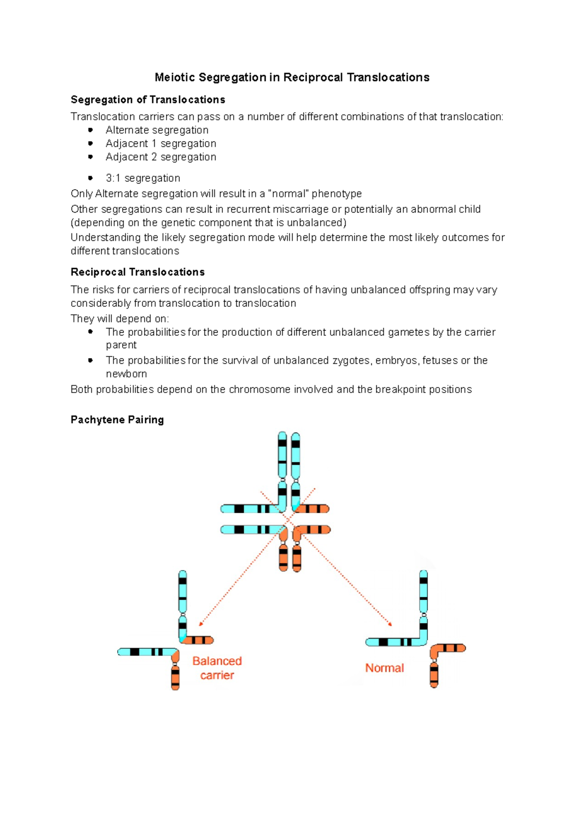 Meiotic Segregation in Reciprocal Translocations - Meiotic Segregation ...