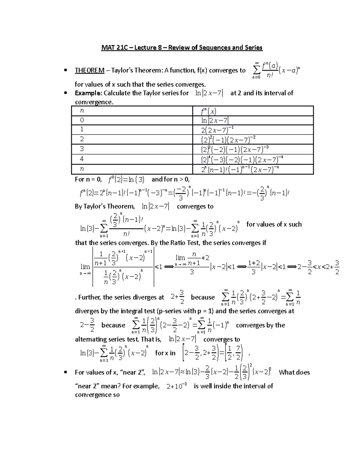 MAT 21C – Lecture 8 – Review of Sequences and Series - MAT 21C Lecture 8 Review of Sequences and ...
