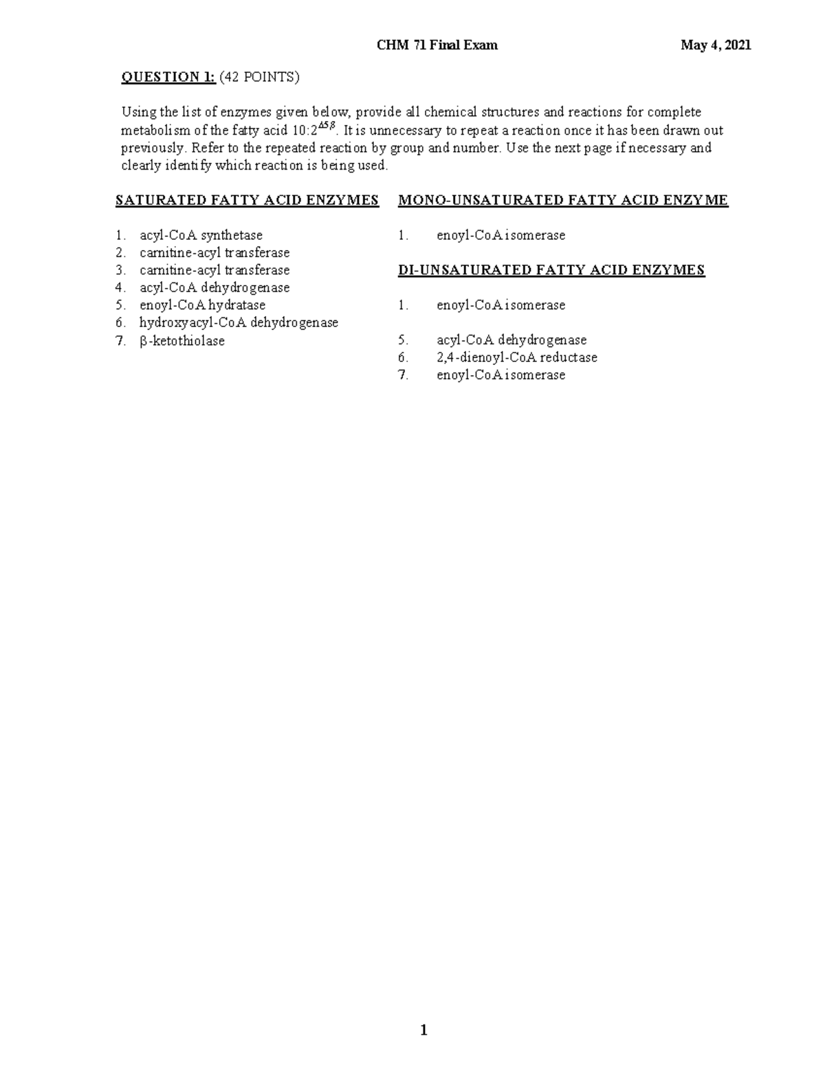 Final Exam (2021) - ....... - QUESTION 1: (42 POINTS) Using the list of ...