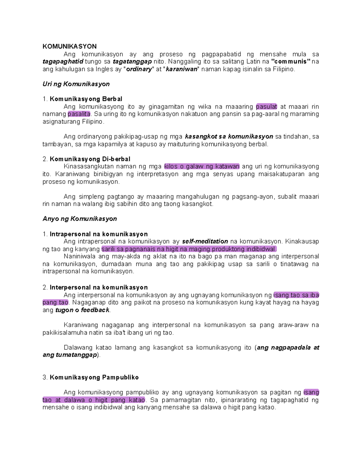 Komfil- Reviewer - KOMUNIKASYON Ang komunikasyon ay ang proseso ng ...