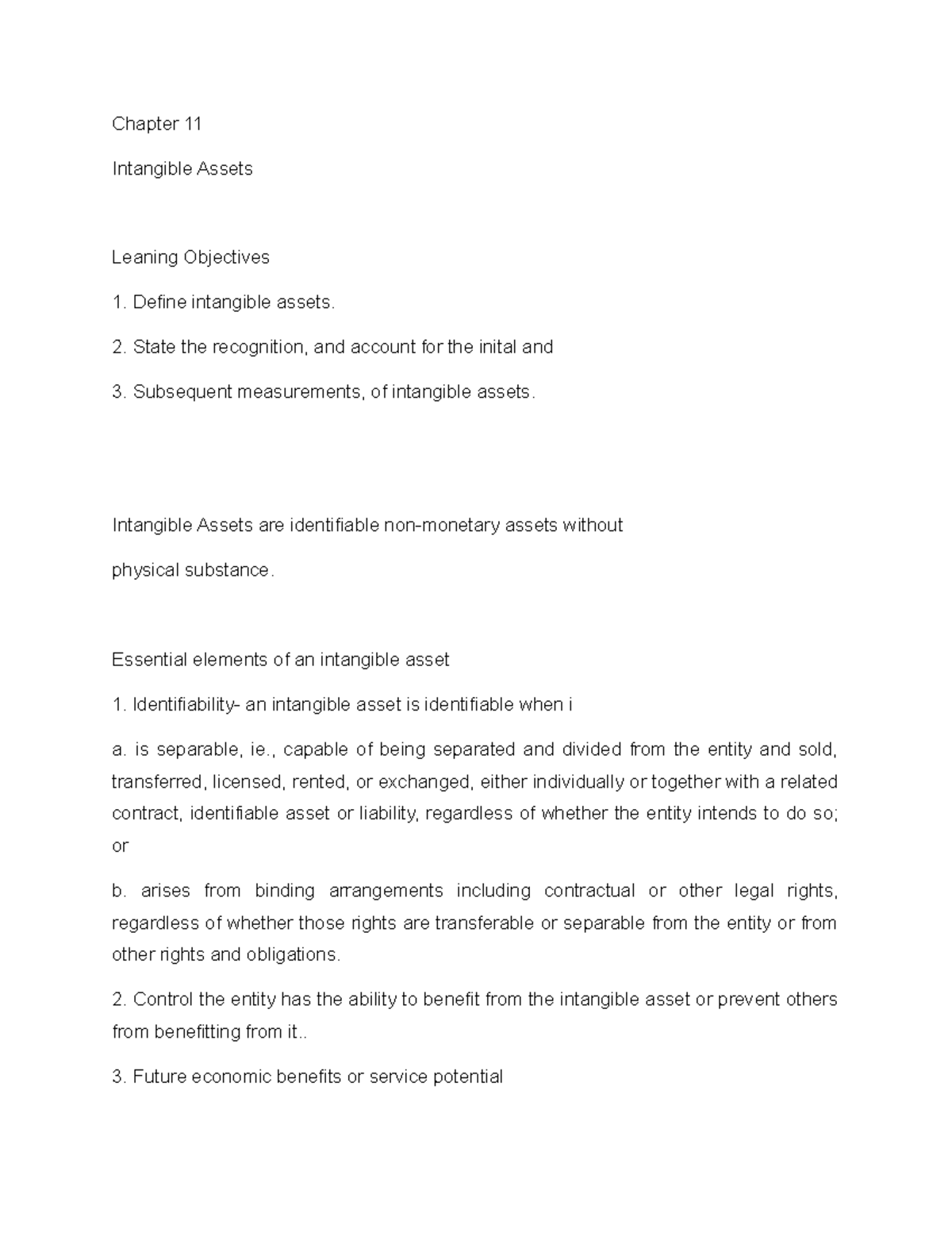 CH11 Intangible Assets - Chapter 11 Intangible Assets Leaning Objectives Define intangible ...