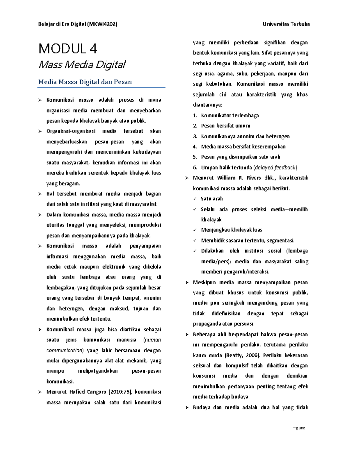 Rangkuman Modul 4; Mass Media Digital - MODUL 4 Mass Media Digital Media Massa Digital dan Pesan ...