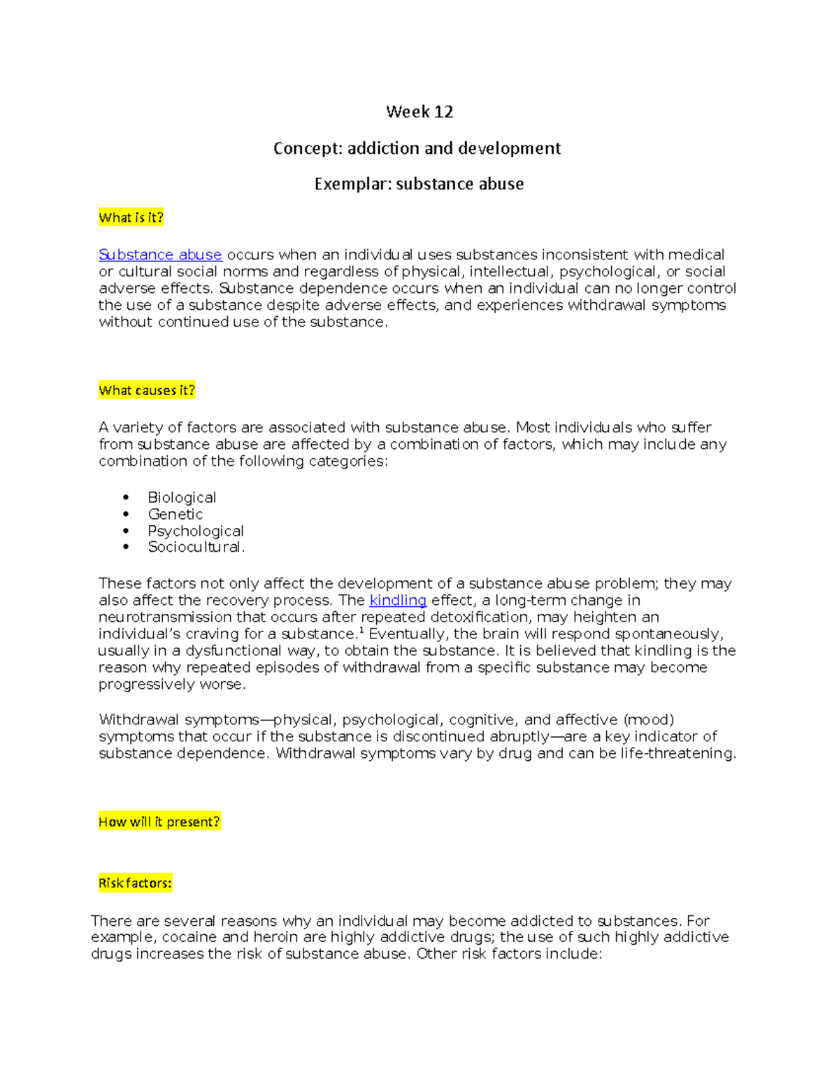 Week 12 substance abuse - Week 12 Concept: addiction and development ...