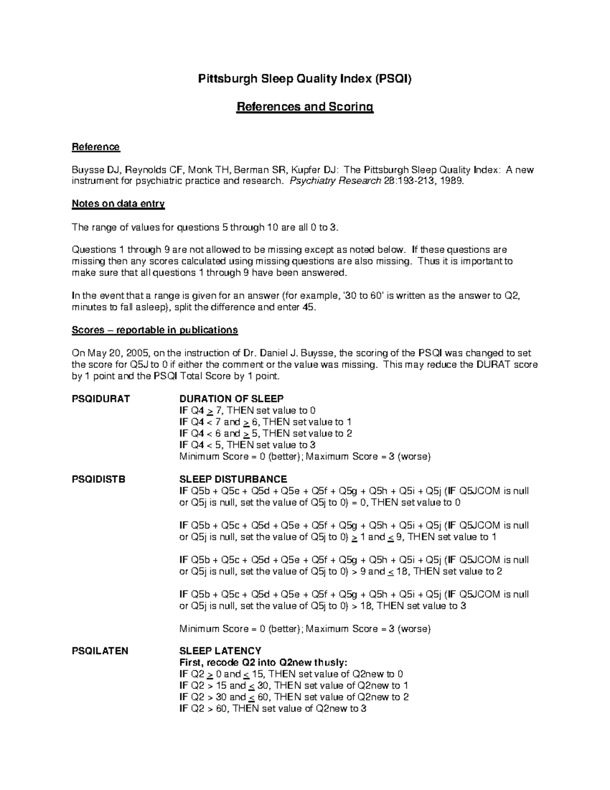 PSQI Scoring - Tool - Pittsburgh Sleep Quality Index (PSQI) References ...