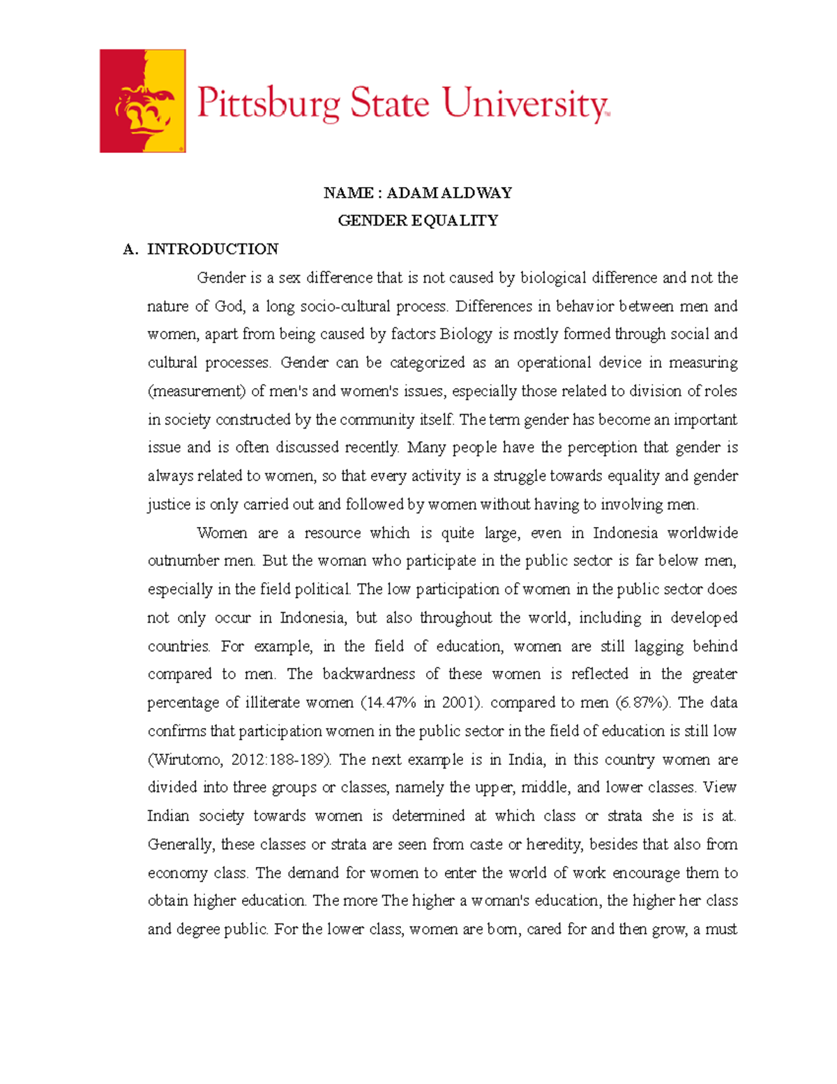 Gender Equality - NAME : ADAM ALDWAY GENDER EQUALITY A. INTRODUCTION ...