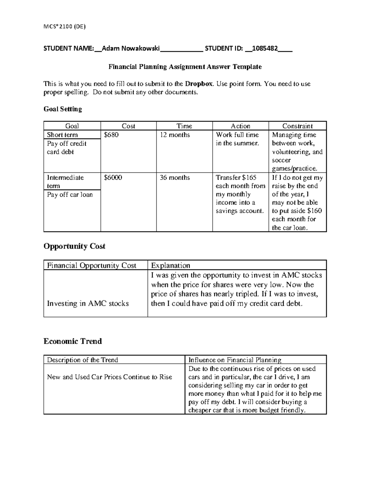 Financial Planning Assignment - STUDENT NAME:Adam Nowakowski ...