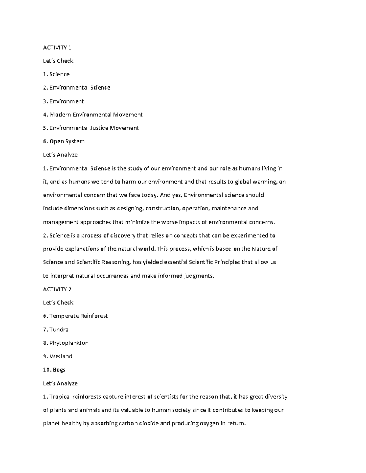 Activity 1 - environmental science activty - ACTIVITY 1 Let’s Check ...