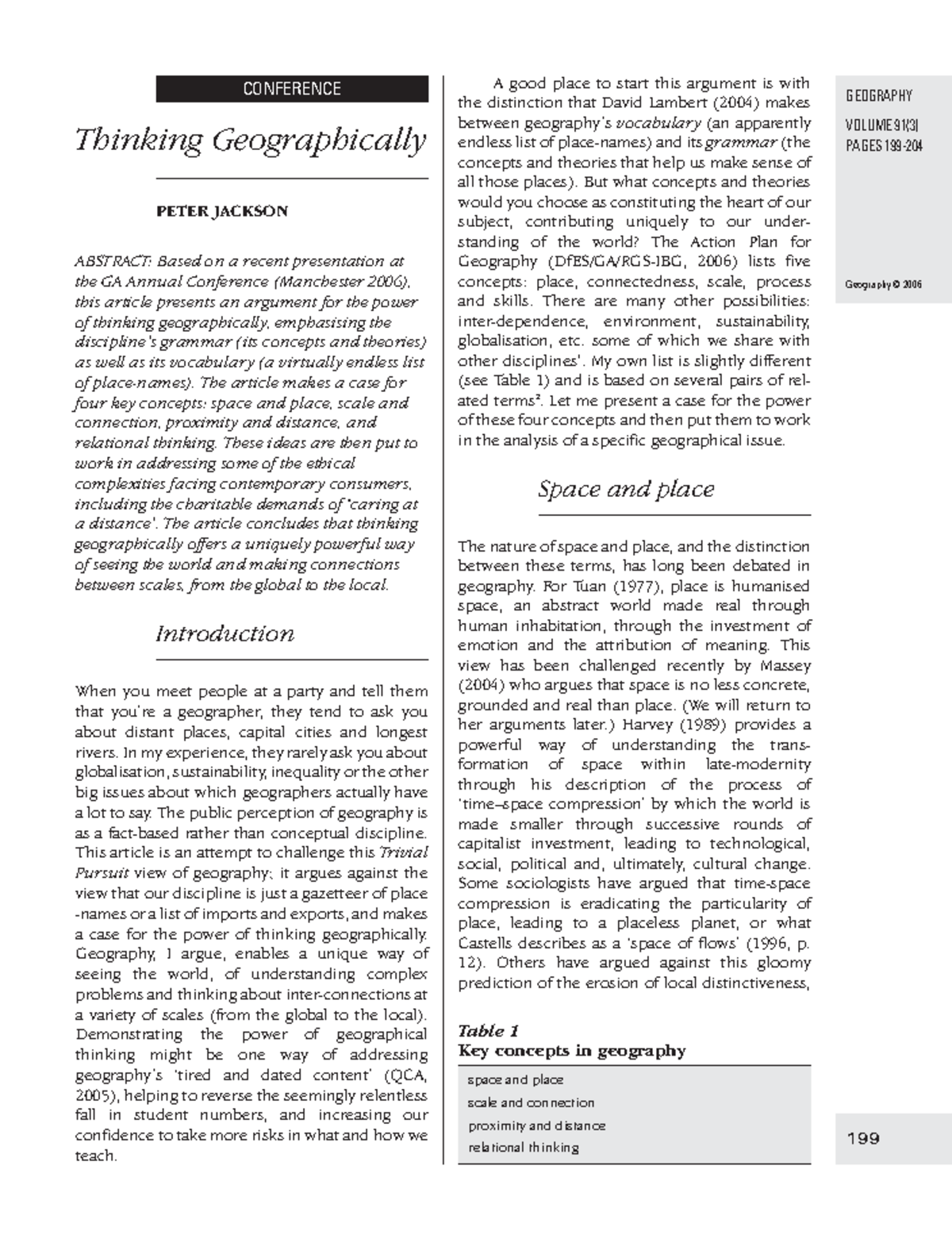 1 Thinking Geographically - Jackson 2006 - GEOGRAPHY VOLUME 91(3) PAGES ...