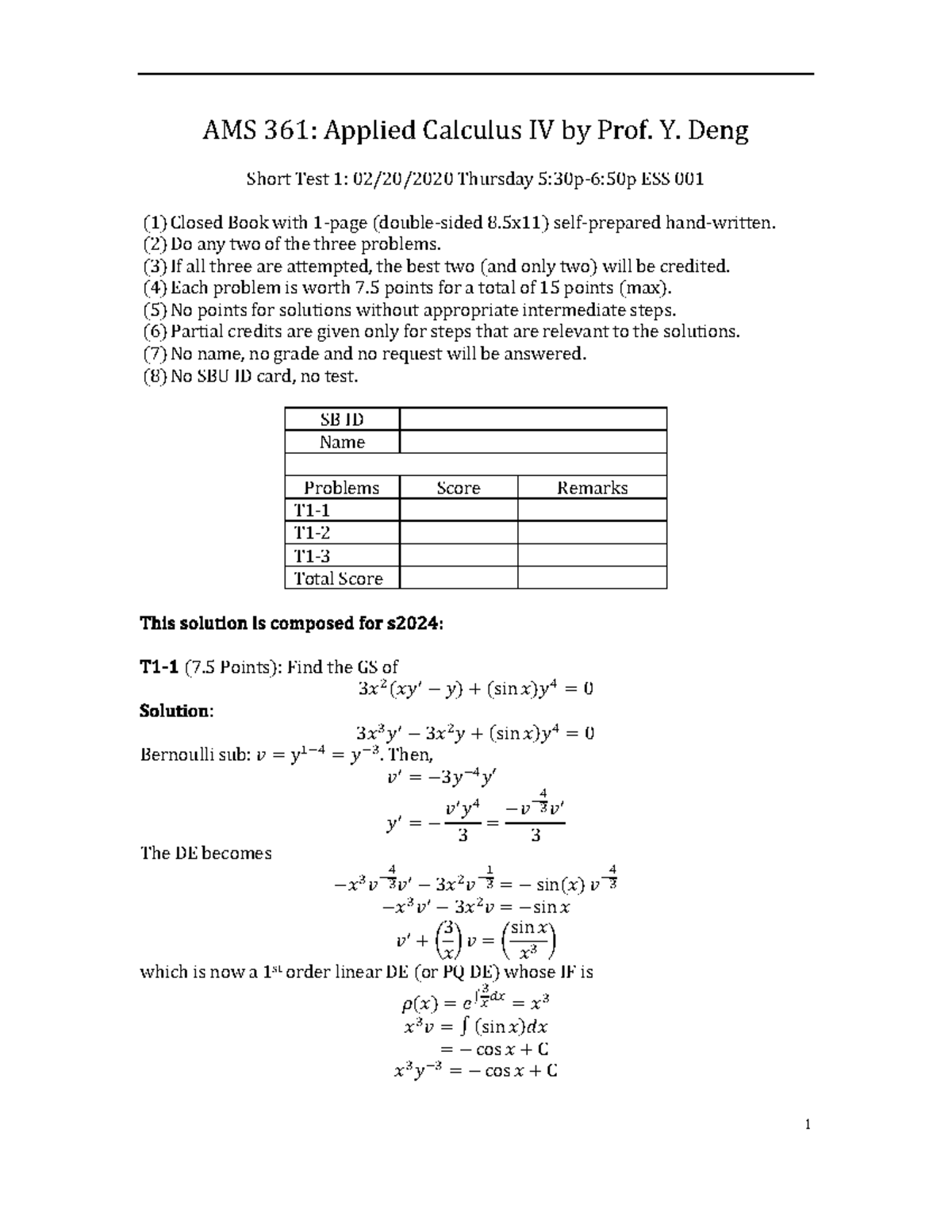 Test1 S20 Solution Spring 2020 1 Ams 361 Applied Calculus Iv By