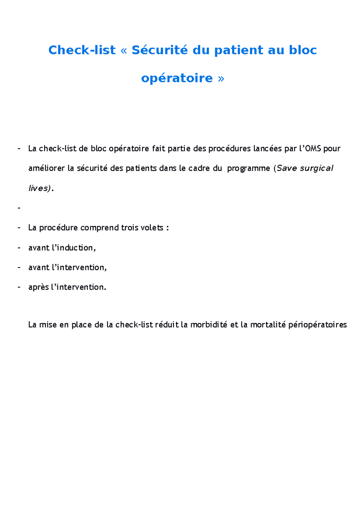 Check liste - anesthésie - Check-list « Sécurité du patient au bloc ...