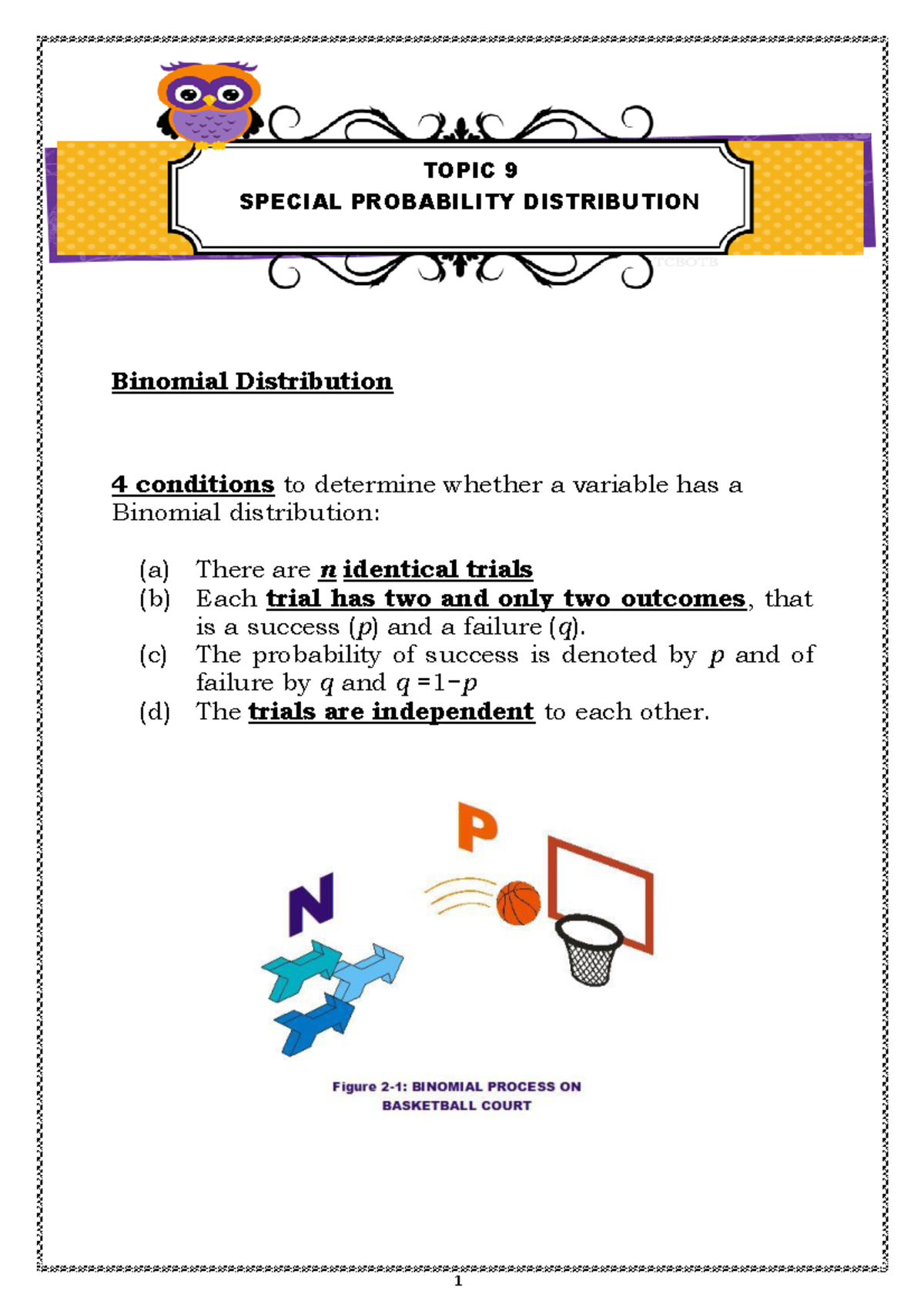 Chapter 9 special distribution - Binomial Distribution 4 conditions to ...