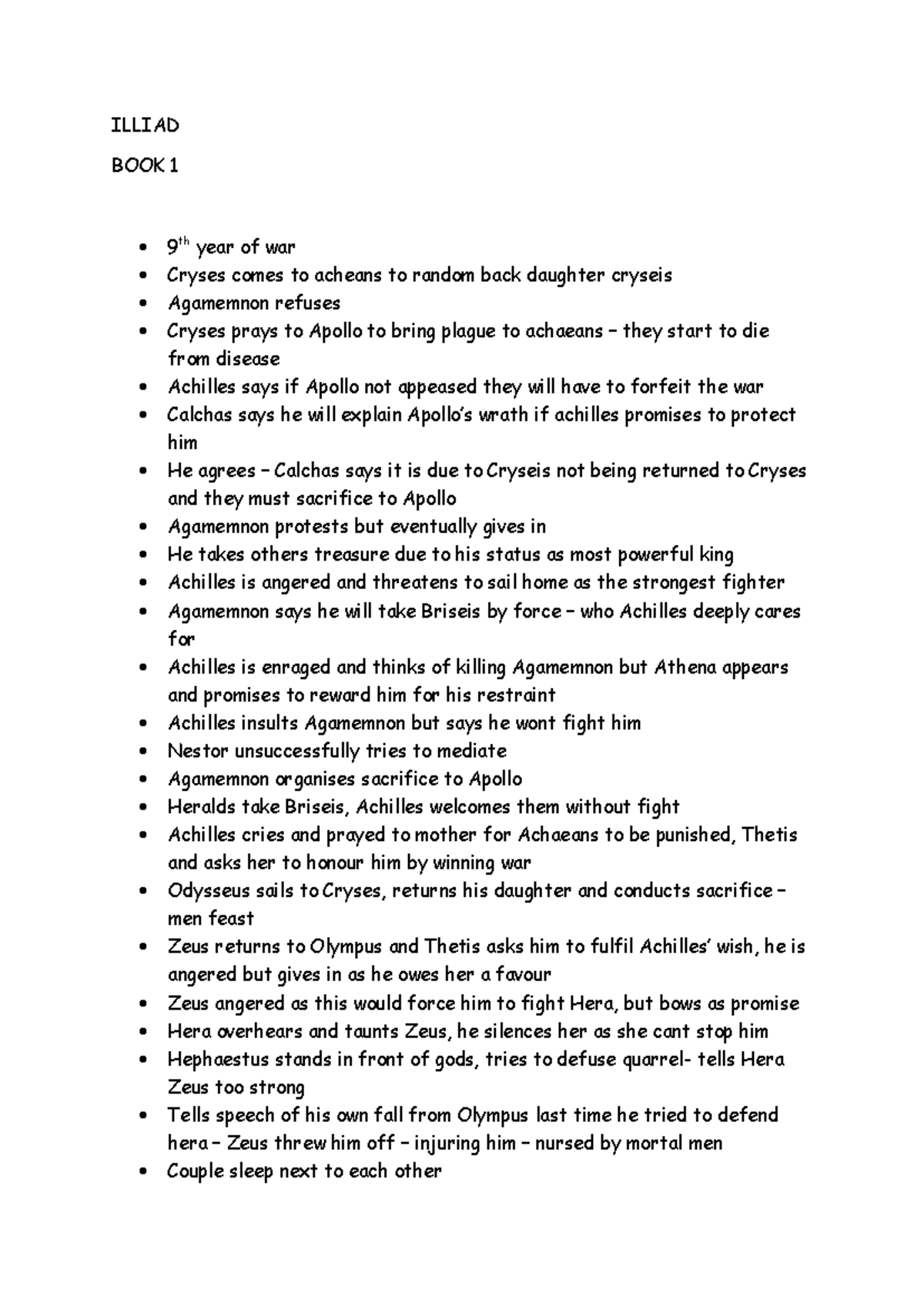 Illiad book notes - Iliad examined book summaries - ILLIAD BOOK 1 9 th ...