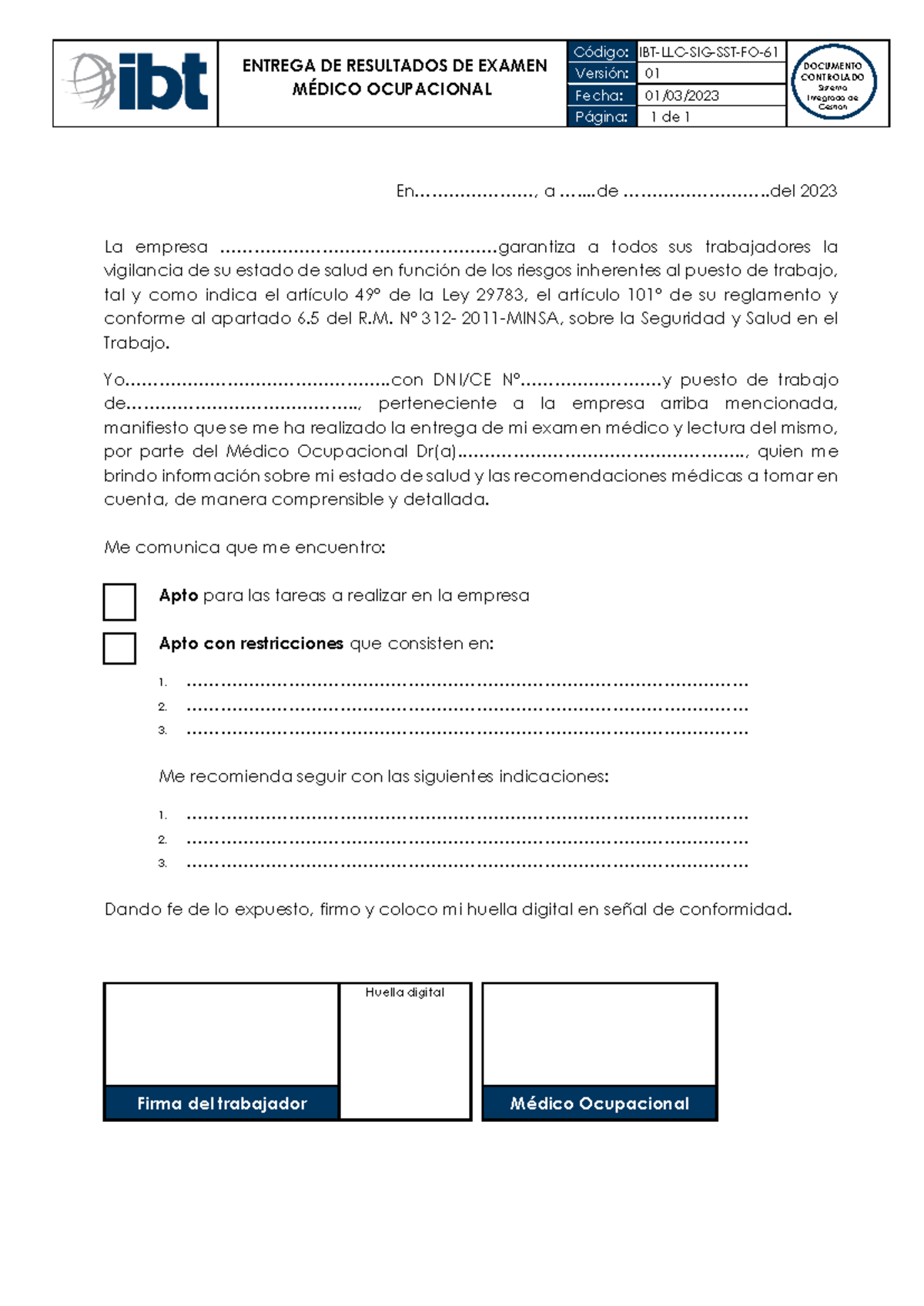 Formato Entrega EMO - LLC (1) - ENTREGA DE RESULTADOS DE EXAMEN MÉDICO ...