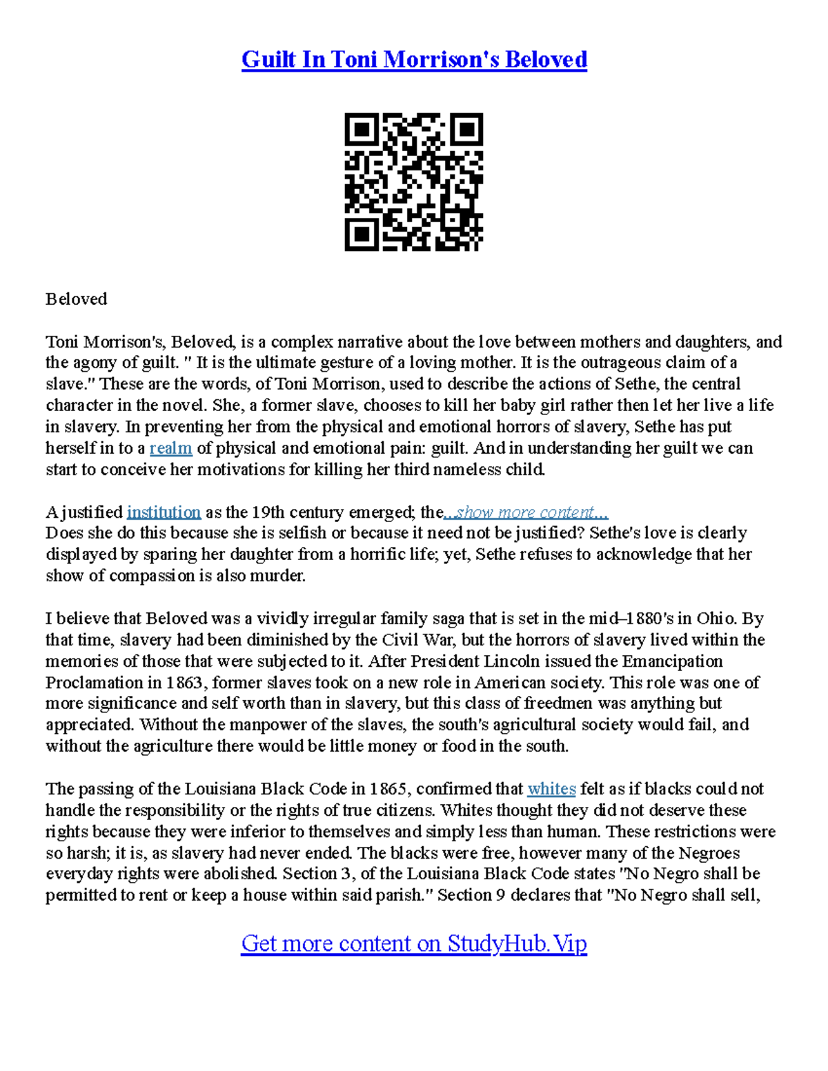 Essays On Beloved - Guilt In Toni Morrison's Beloved Beloved Toni ...