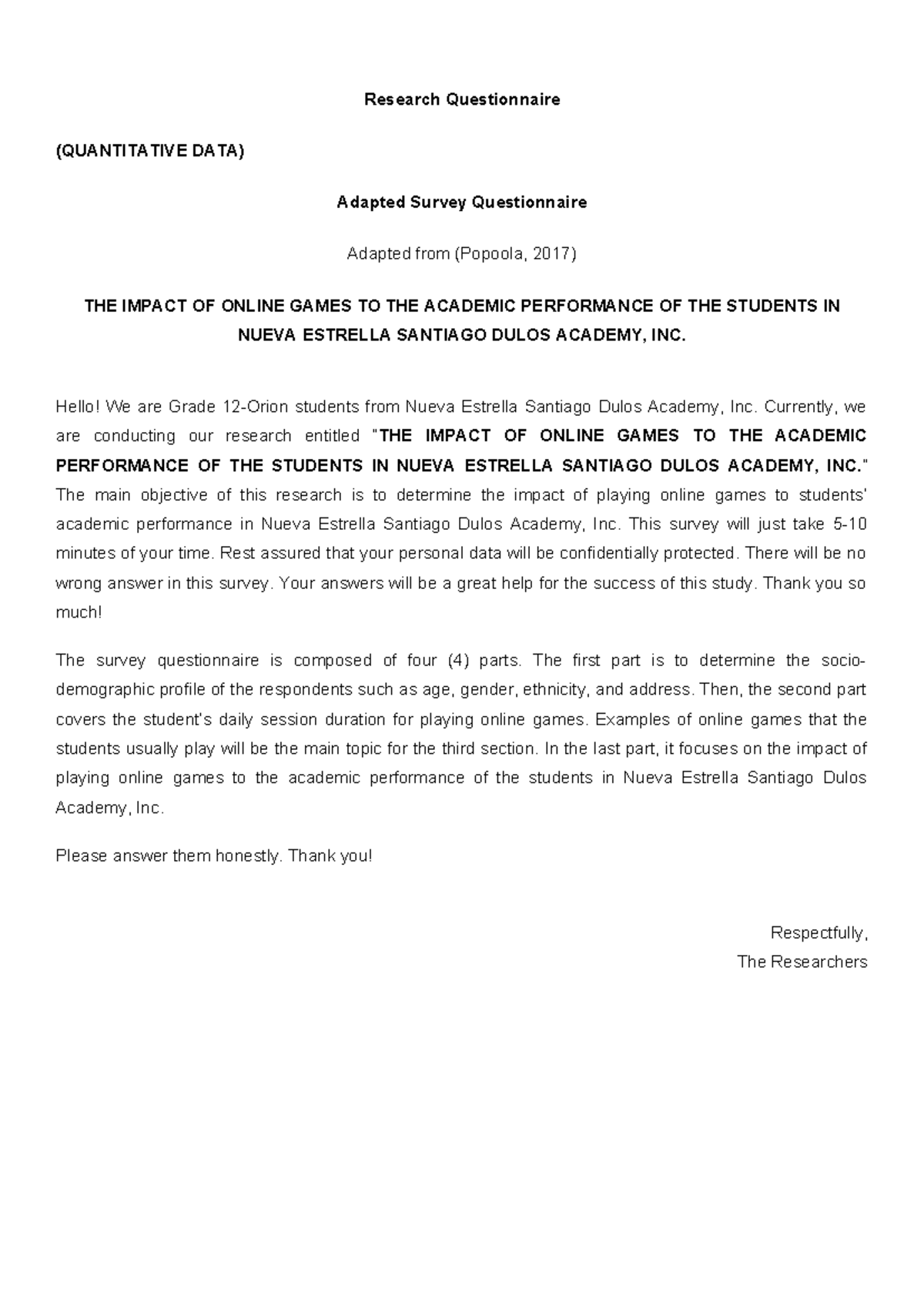 Questionnaire - Research Questionnaire (QUANTITATIVE DATA) Adapted ...