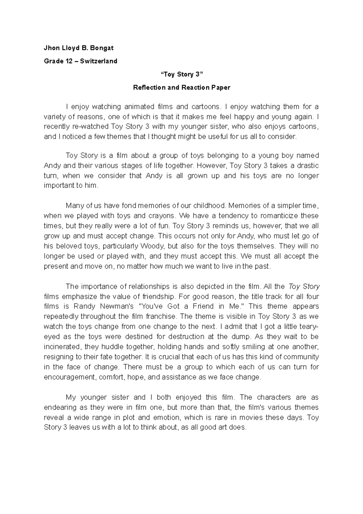 Movie Review on Toy Story 3 - Supervised Industry Training - USTP - Studocu