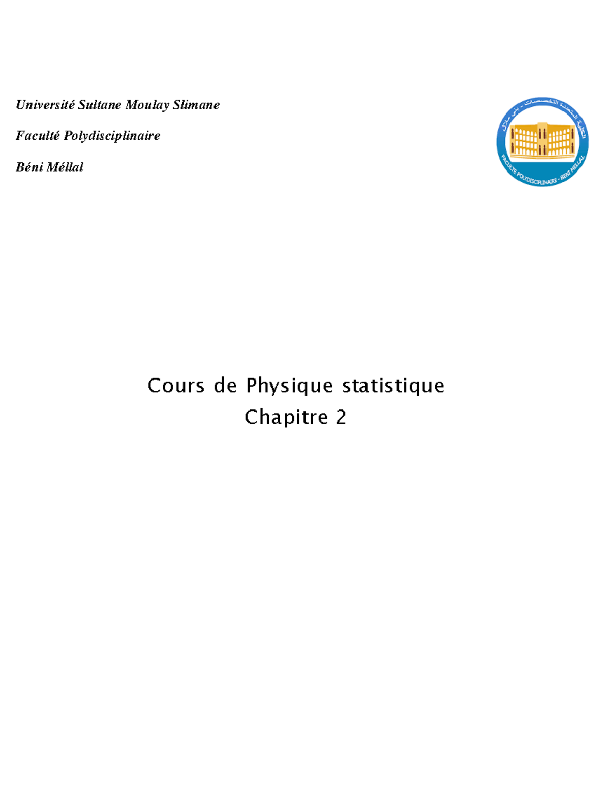 Cours de Physique statistique chapitre 2 - Université Sultane Moulay Slimane Faculté - Studocu