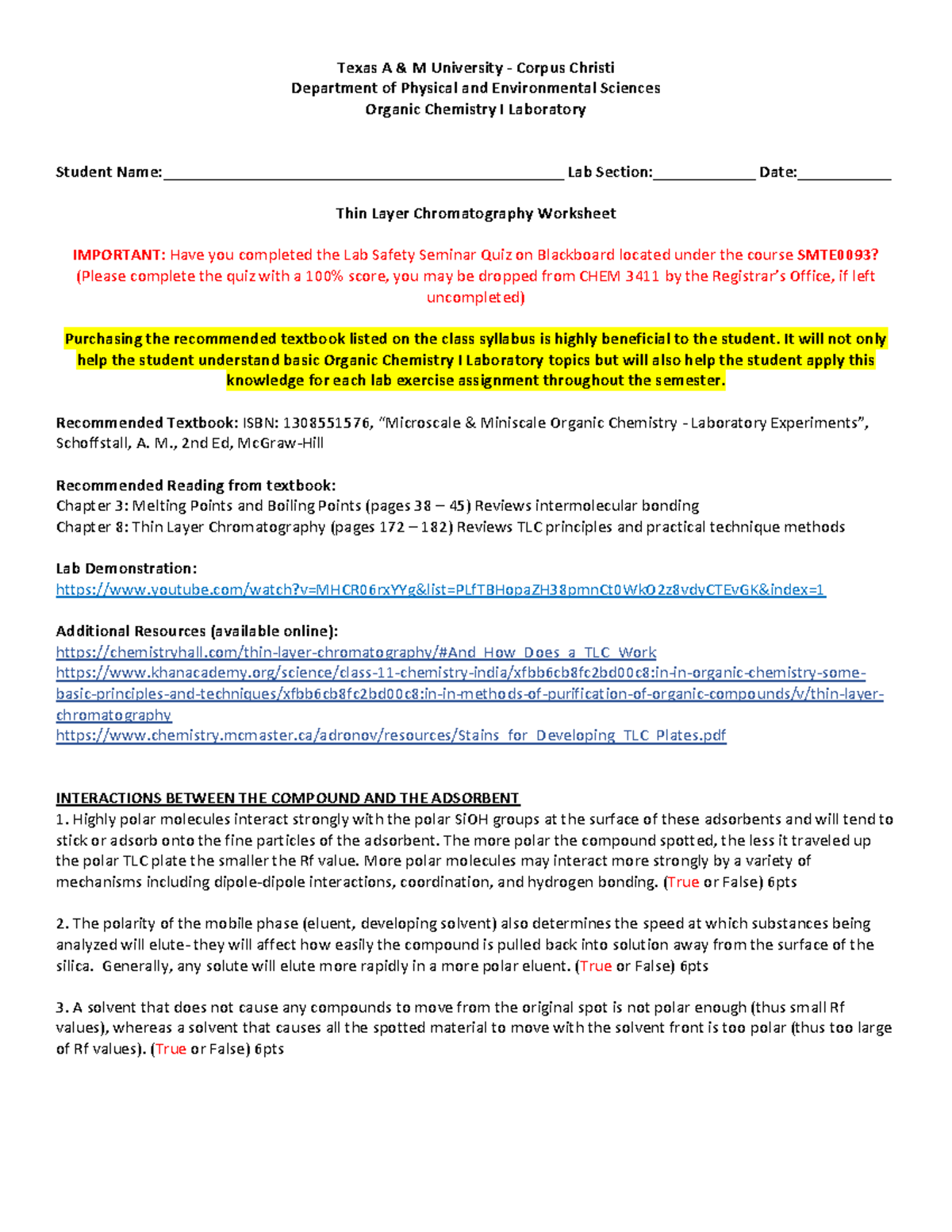 Thin layer Chromatography Worksheet - Texas A & M University - Corpus ...