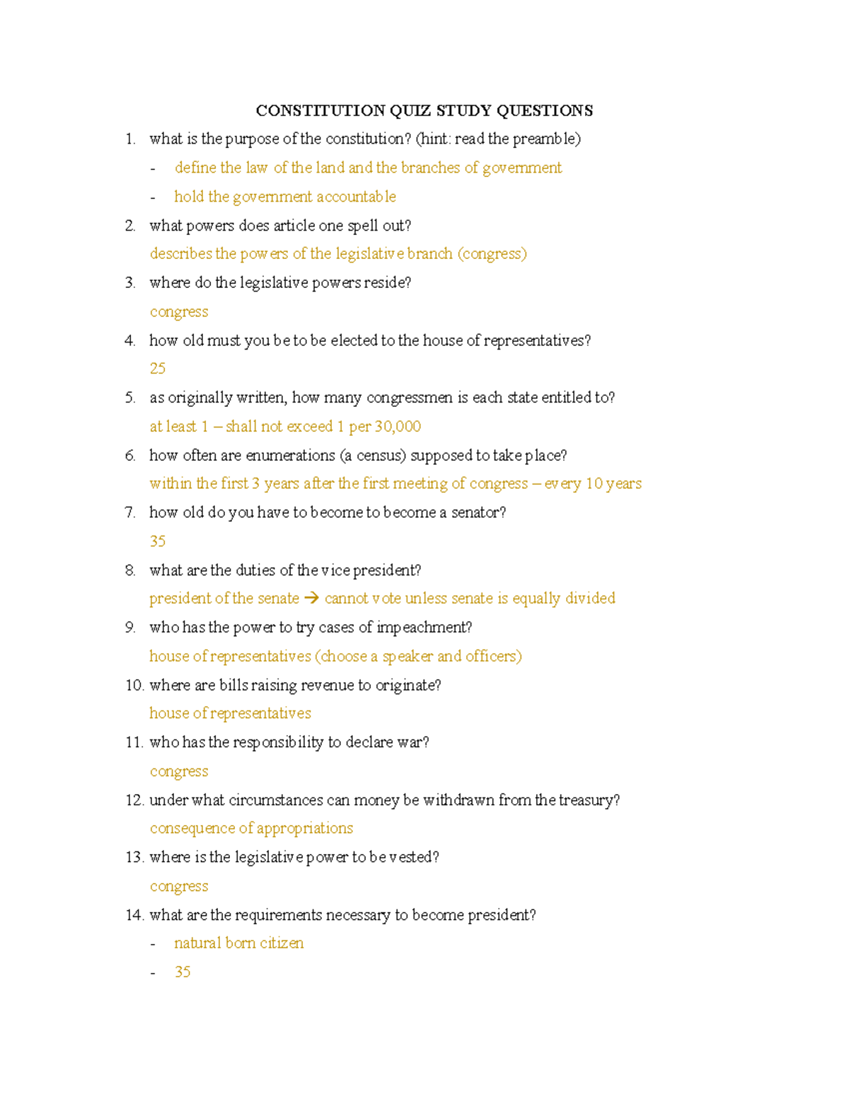 Constitution quiz study guide - CONSTITUTION QUIZ STUDY QUESTIONS what ...