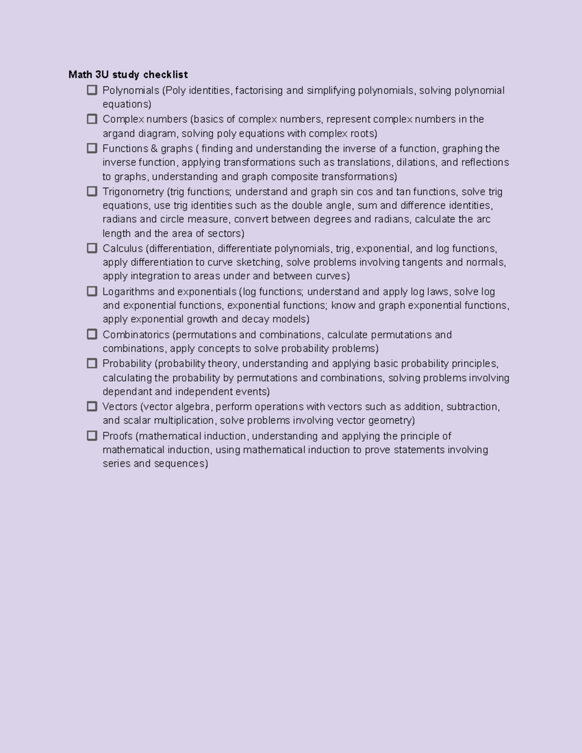 Checklist for 3unit math yr 12 hsc final exam - Math 3U study checklist ...