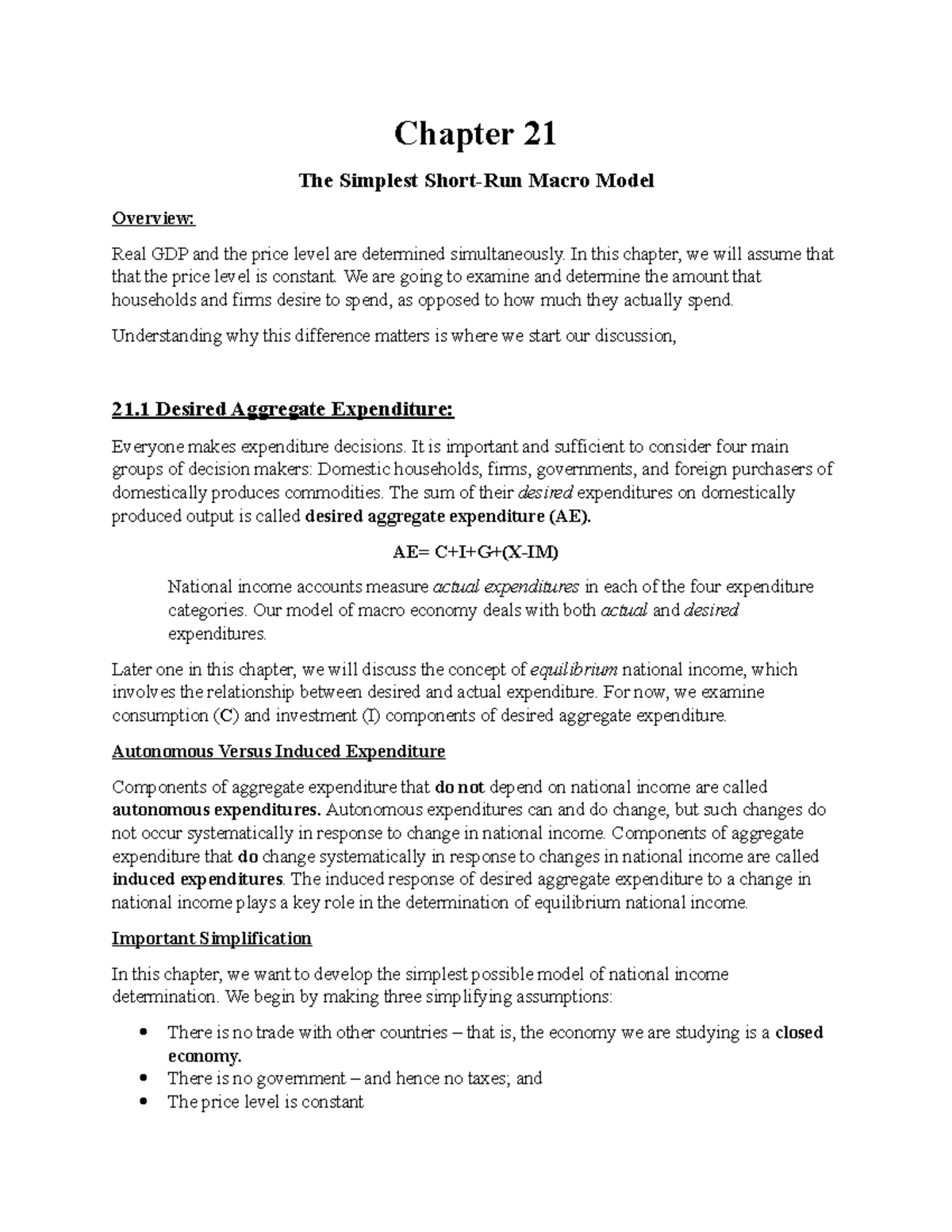 Chapter 21 - good notes - Chapter 21 The Simplest Short-Run Macro Model ...