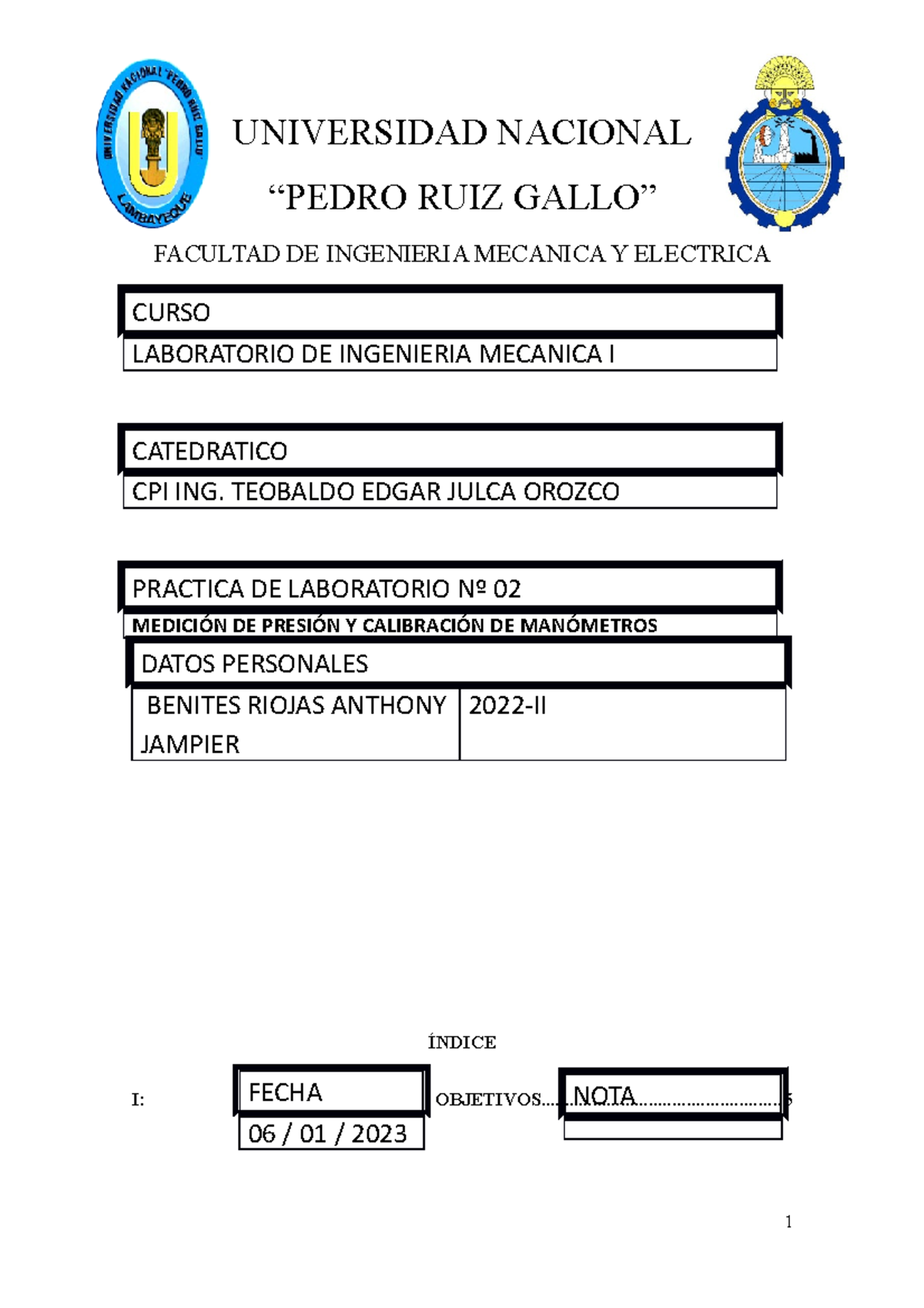 INF. Tecnico- Medicion DE Presion Y Calibracion DE Manometros - Benites ...