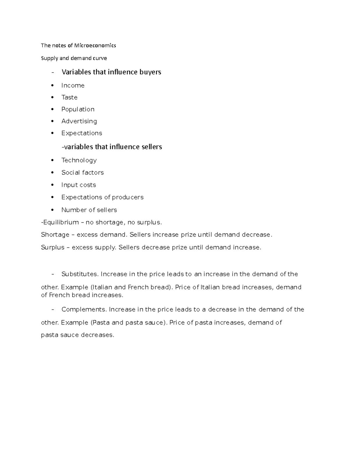 The notes of Microeconomics - The notes of Microeconomics Supply and ...