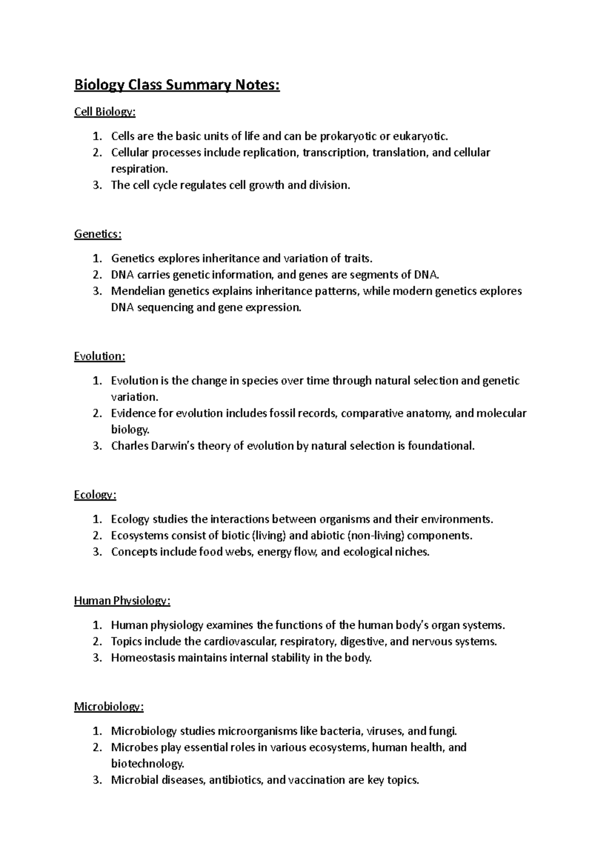 Biology and Earth Sciences Summary Notes - Biology Class Summary Notes ...